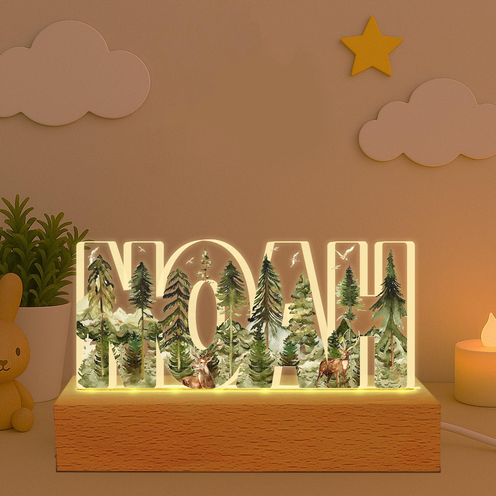 Personalized Name LED Night Light: Custom Nursery Decor, Beech Wood ...