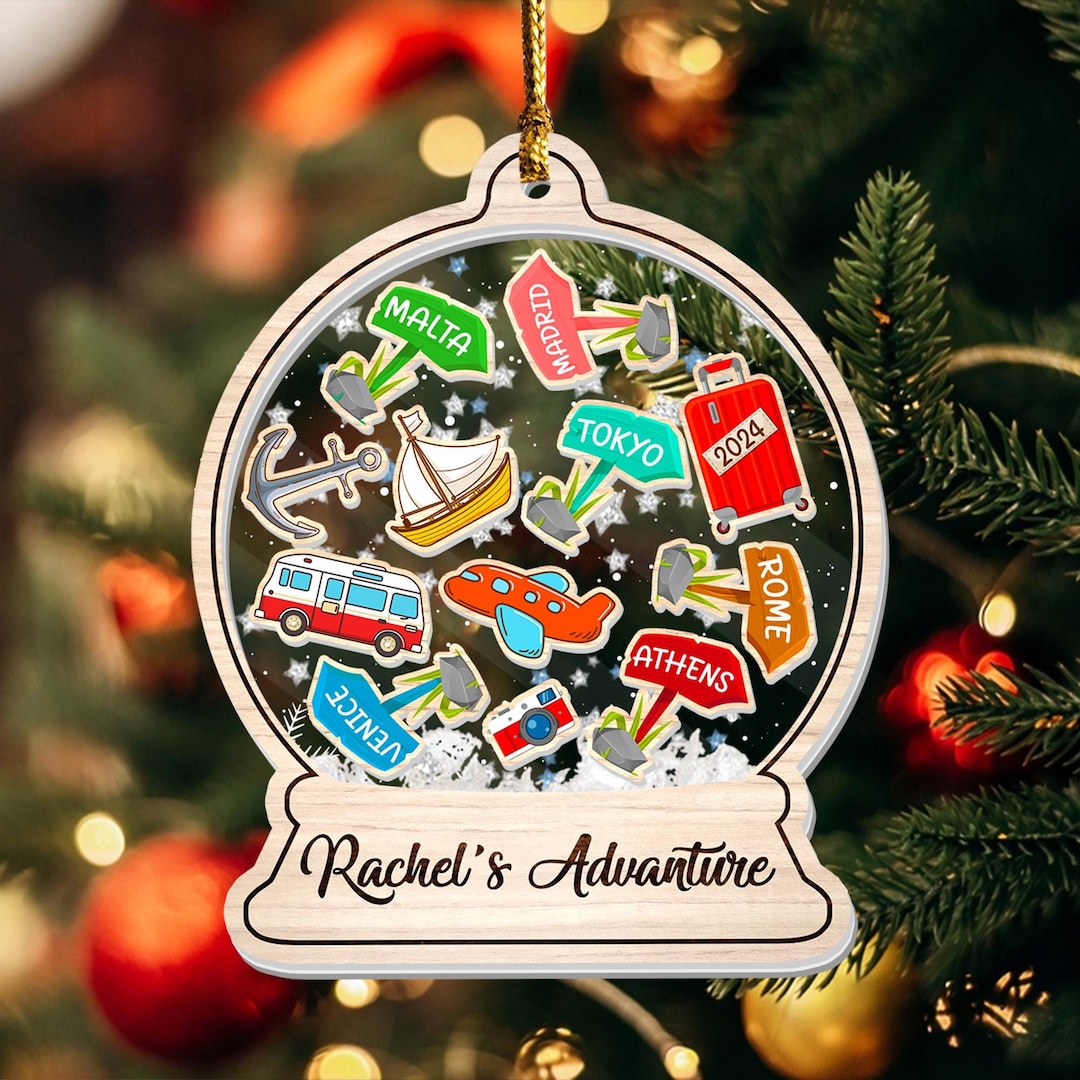 Personalized Travel Adventure Shaker Ornament, Traveling Christmas ...