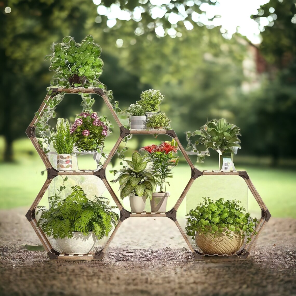 Hexagonal Plant Stand for Multiple Plants 7-tier Wooden Indoor Outdoor ...