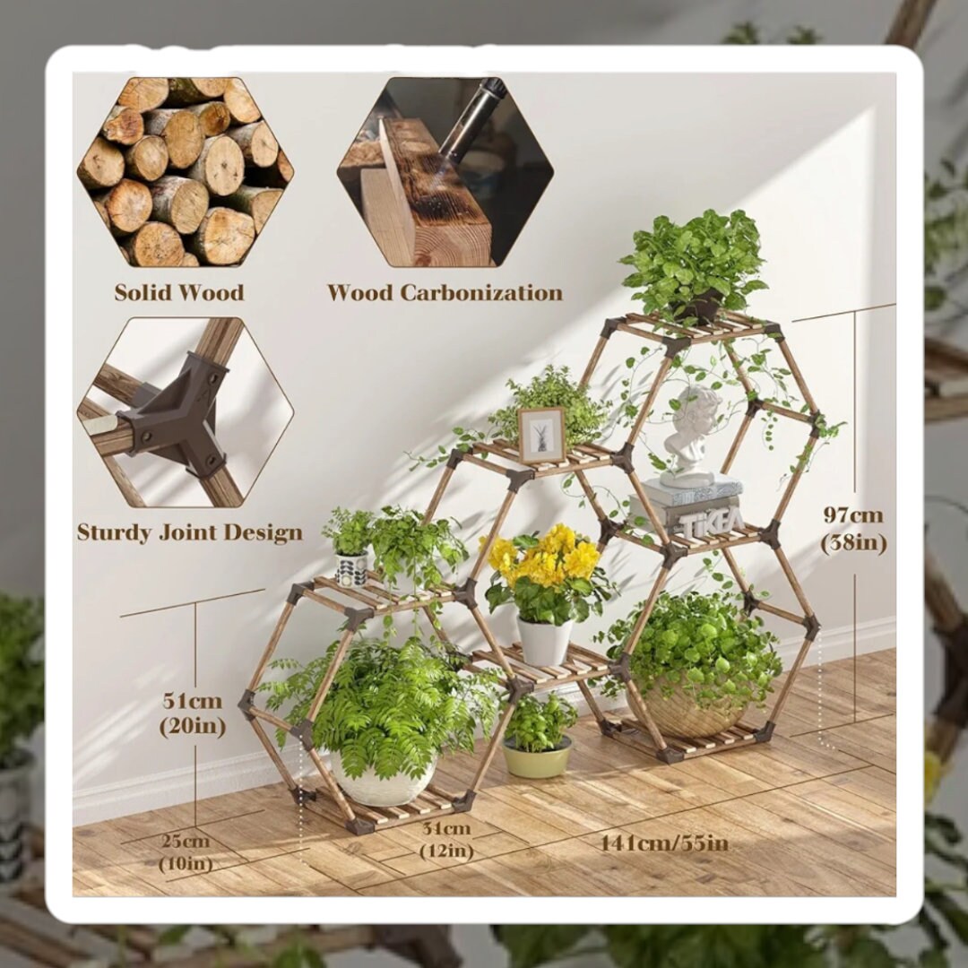 Hexagonal Plant Stand for Multiple Plants 7-tier Wooden Indoor Outdoor ...