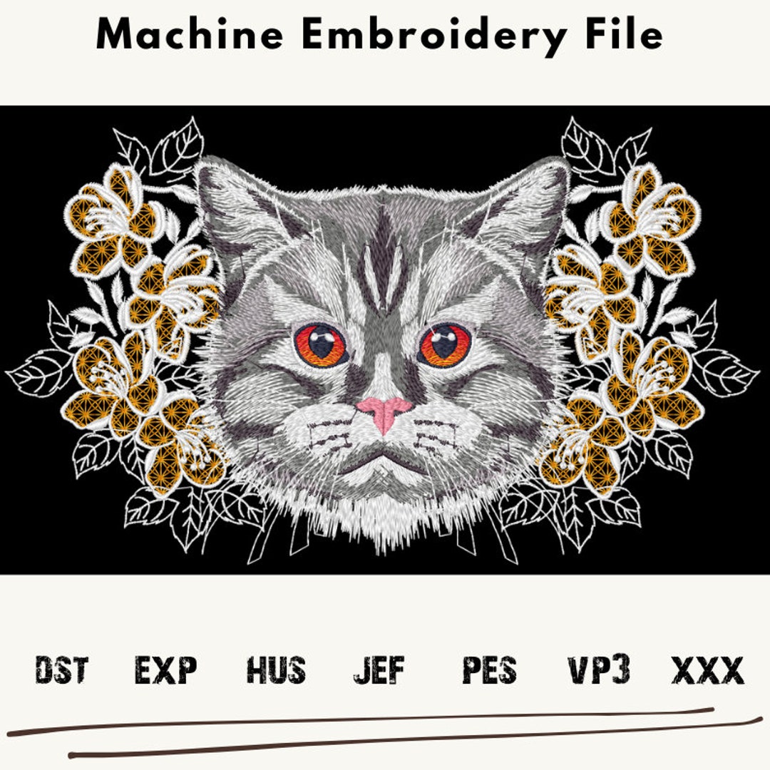 Cat Embroidery Design, Cat and Flowers Embroidery Files, Cat Flowers Embroidery Patterns, Cat ...