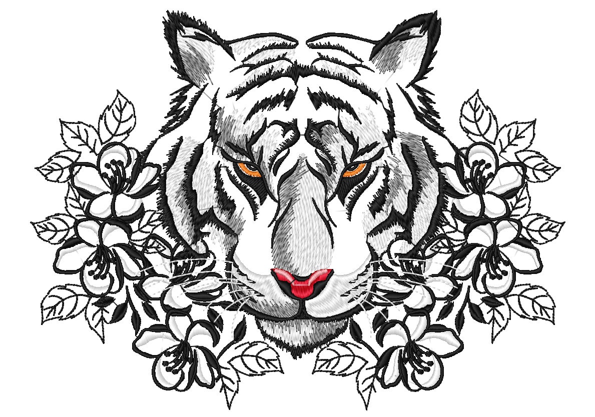 Tiger Face Flowers Embroidery Design, White Tiger Embroidery File ...