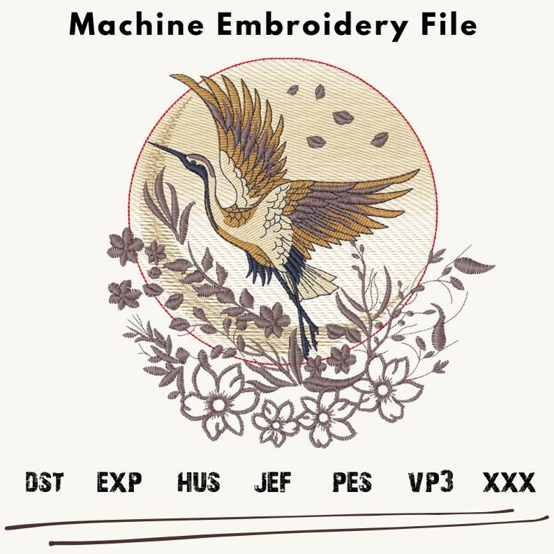 Bird Embroidery Design, Crane Bird Embroidery Files, Bird Embroidery ...