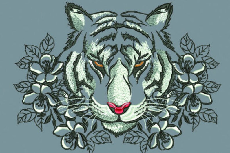 Tiger Face Flowers Embroidery Design, White Tiger Embroidery File ...