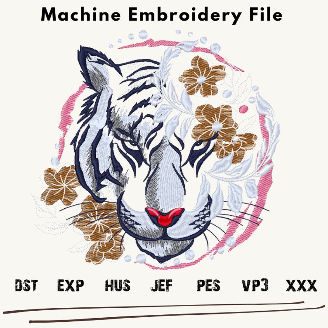 Tiger Face and Flowers Embroidery Design, Tiger Embroidery Files, Tiger ...