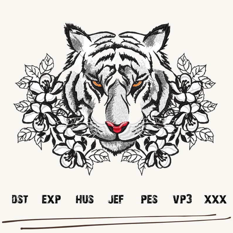 Tiger Face Flowers Embroidery Design, White Tiger Embroidery File ...