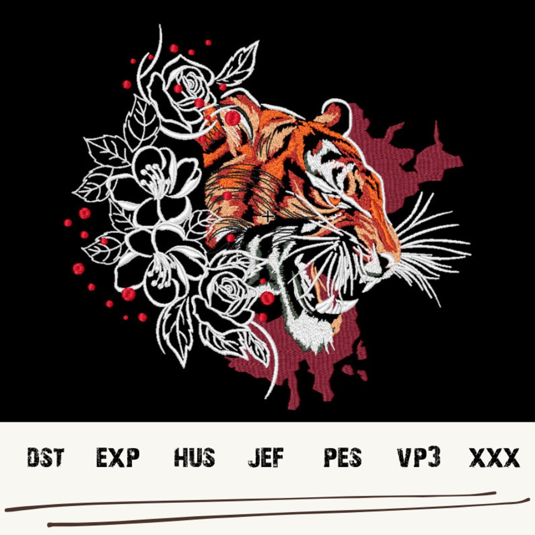 Tiger Head Embroidery Design, Tiger Head Floral Embroidery Files, Tiger ...