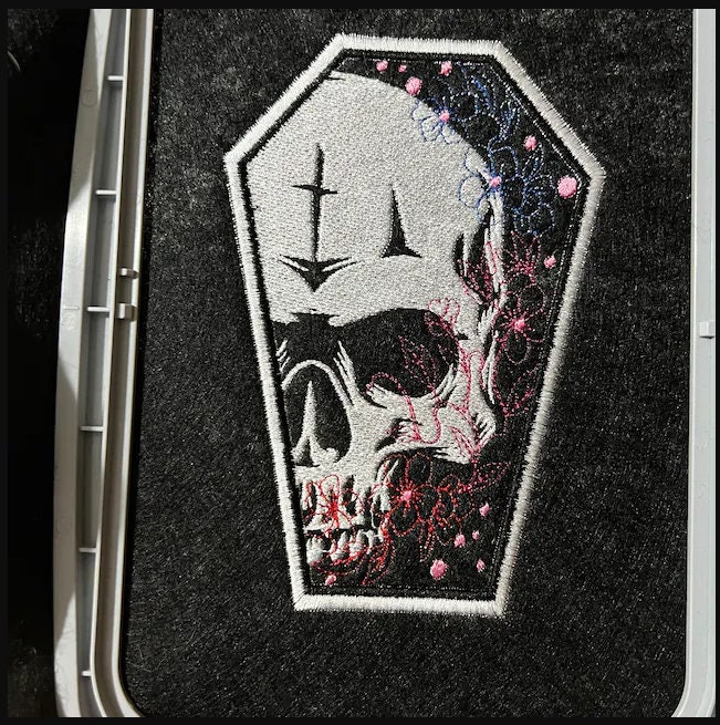Skull in Coffin Machine Embroidery Design: Floral Skeleton Patch ...
