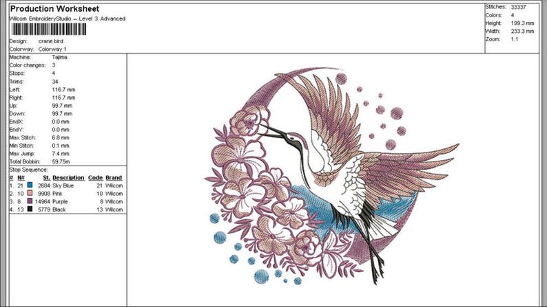 Crane Bird Embroidery Design: Elegant Floral Machine Embroidery ...
