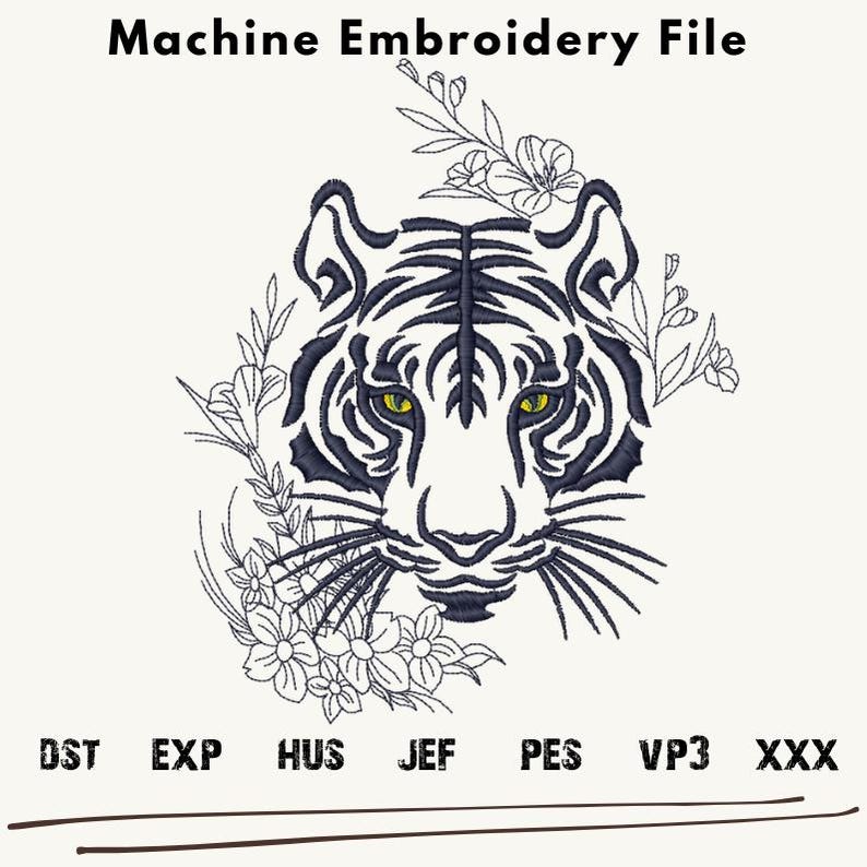 Tiger Head Embroidery Design, Tiger Head Floral Embroidery Files, Tiger ...