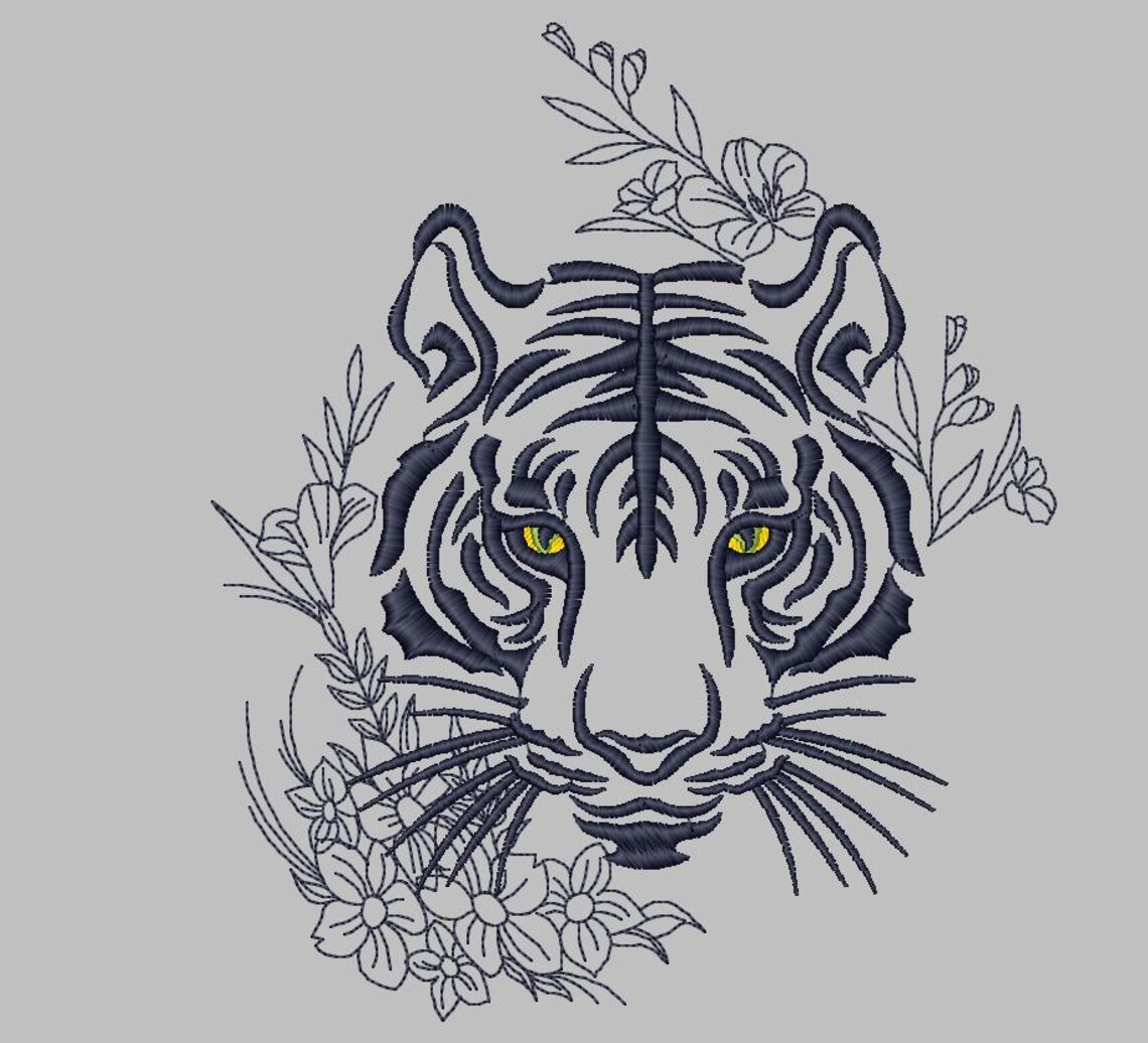 Tiger Head Embroidery Design, Tiger Head Floral Embroidery Files, Tiger ...