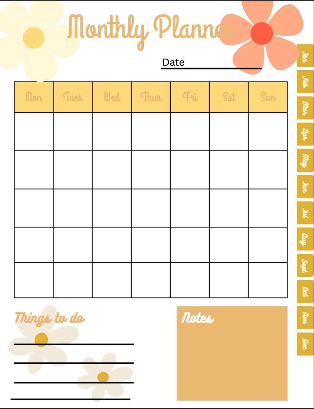 Cute Yellow Themed Monthly Calendar! - Etsy