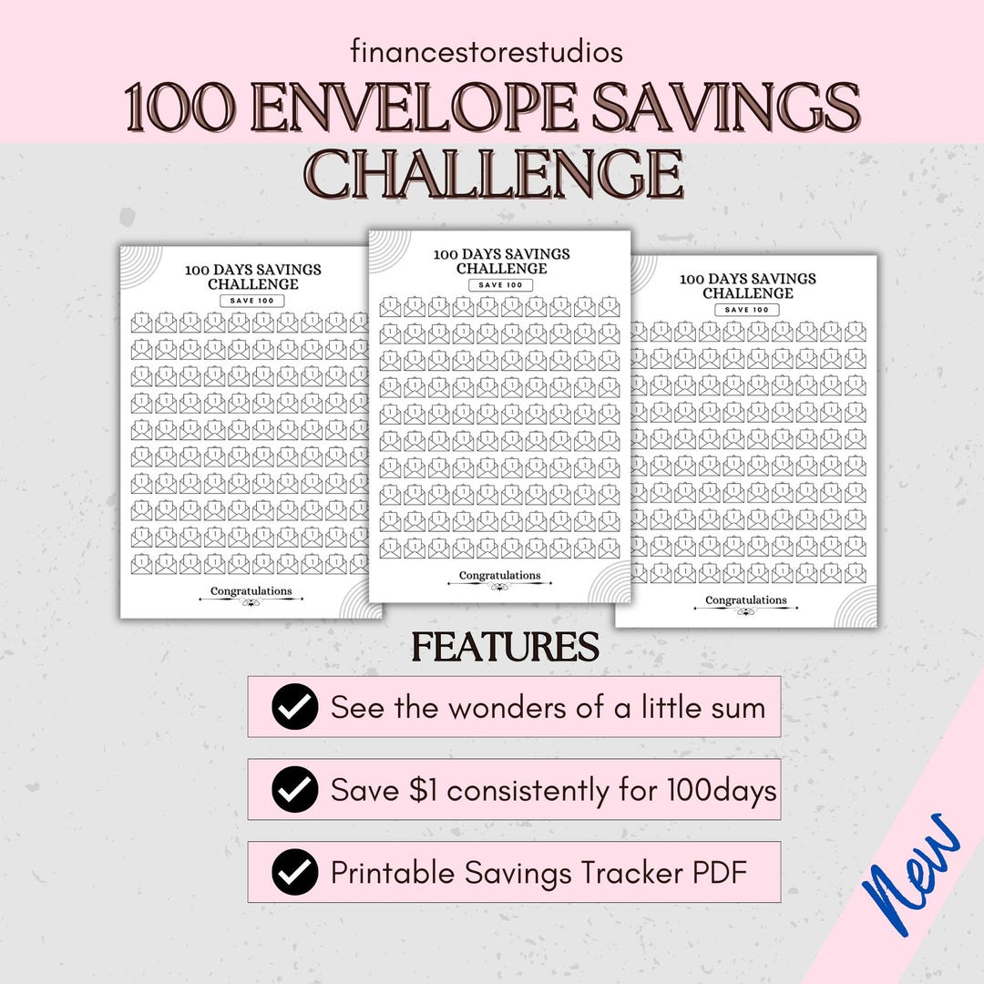 One Dollar Savings Tracker, 100 Envelope Challenge Printable, Money ...
