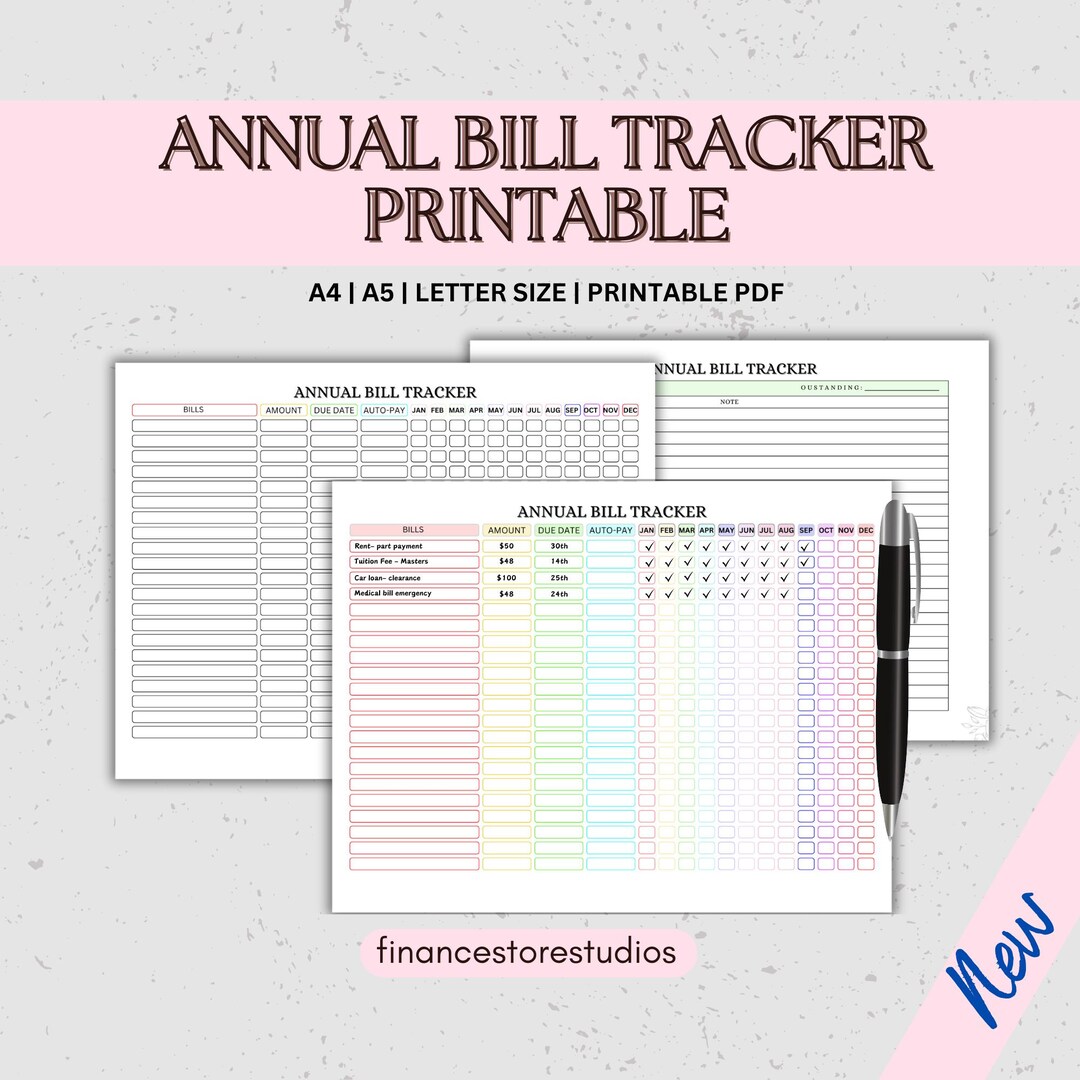Editable Colorful Yearly Bill Payment Tracker, Printable Bill Payment ...