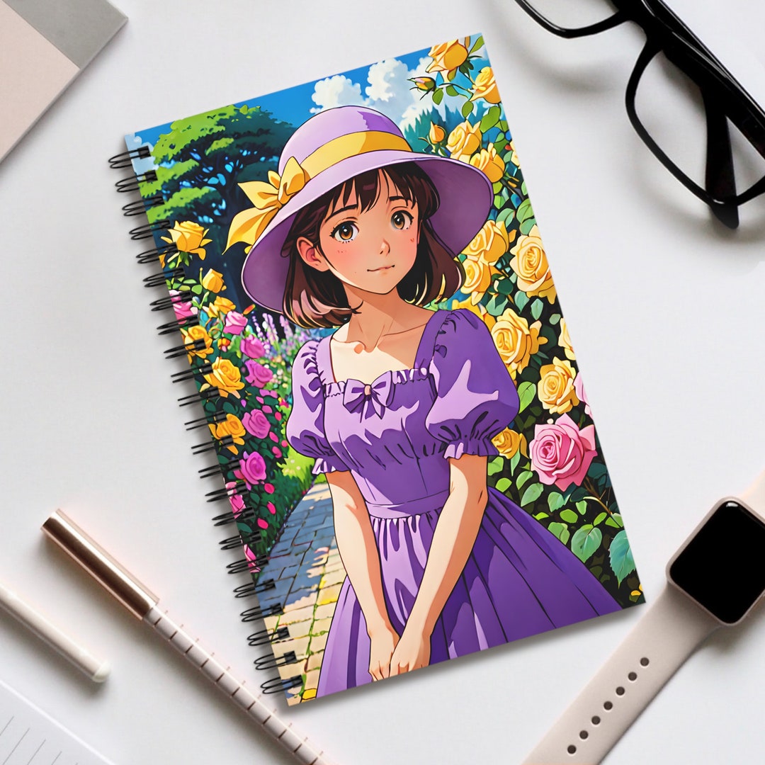 Cute Anime Girl in a Romantic Rose Garden, Spiral Notebook - Blank, Dot ...