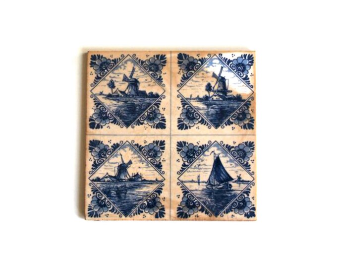 Vintage Dutch Windmill Tile, Delft Tile, Ceramic Tile, Coaster, Home ...