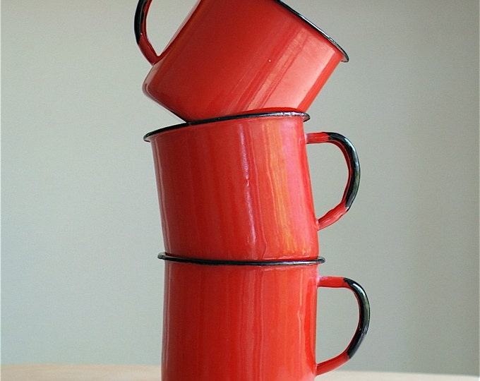 3 Red Enamel Coffee Mugs - Etsy