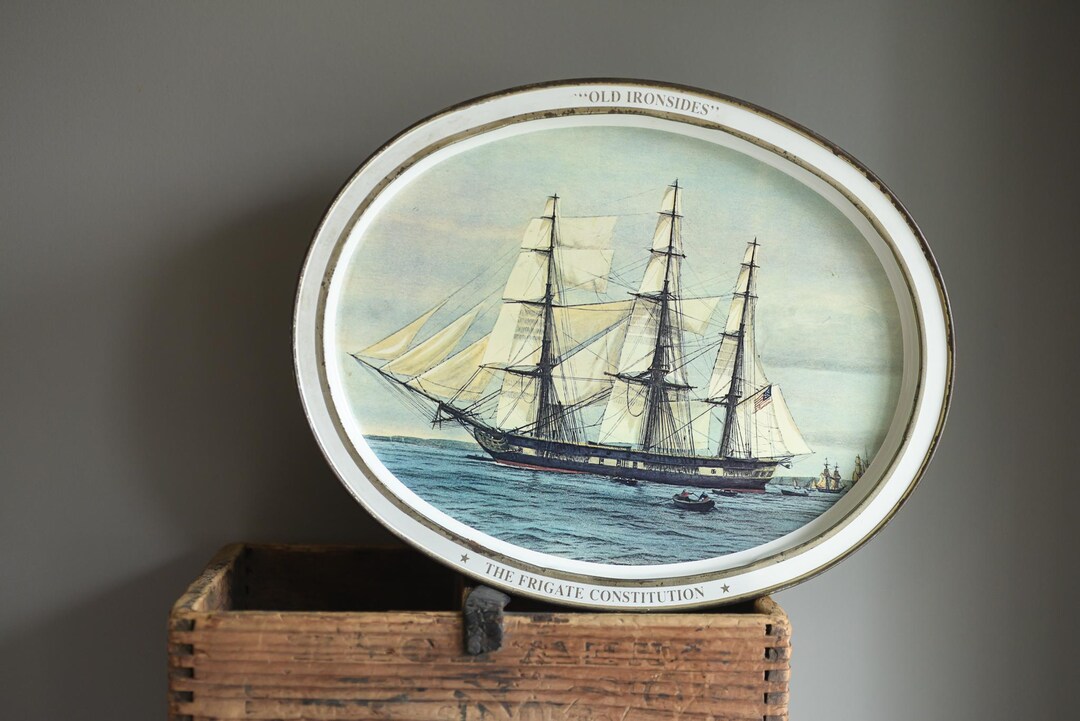 Vintage Large Bicentennial Nautical Oval Tin Box of Frigate ...