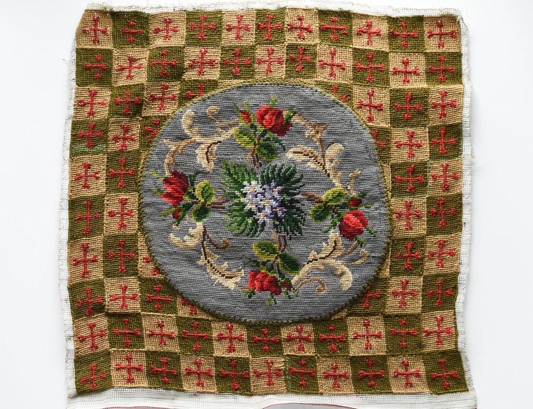 Antique Wool Needlepoint With Moline Cross Pattern and Floral Centered ...