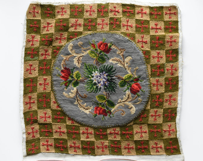 Antique Wool Needlepoint With Moline Cross Pattern and Floral Centered ...