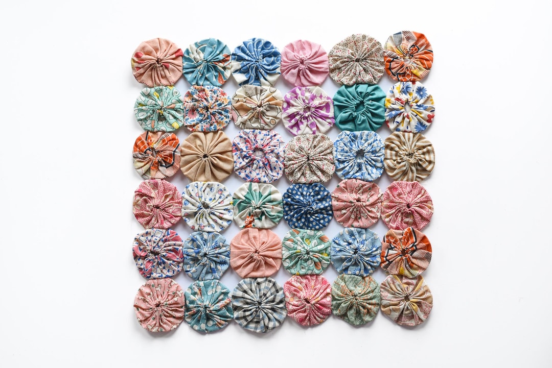 Vintage Multi Color Yoyo Quilt Square With Flowers, Stripes and Plaid ...