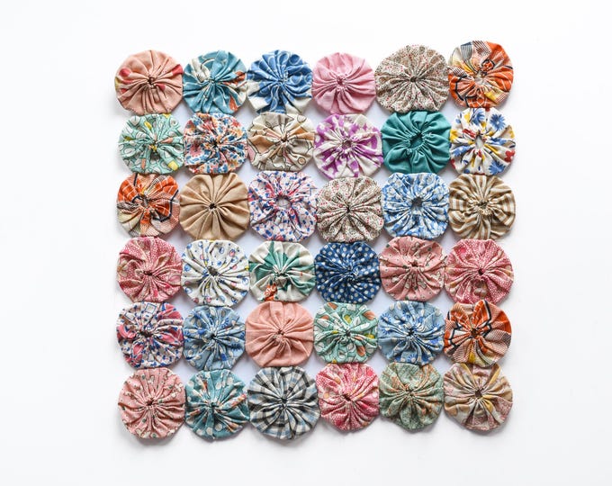 Vintage Multi Color Yoyo Quilt Square With Flowers, Stripes and Plaid ...