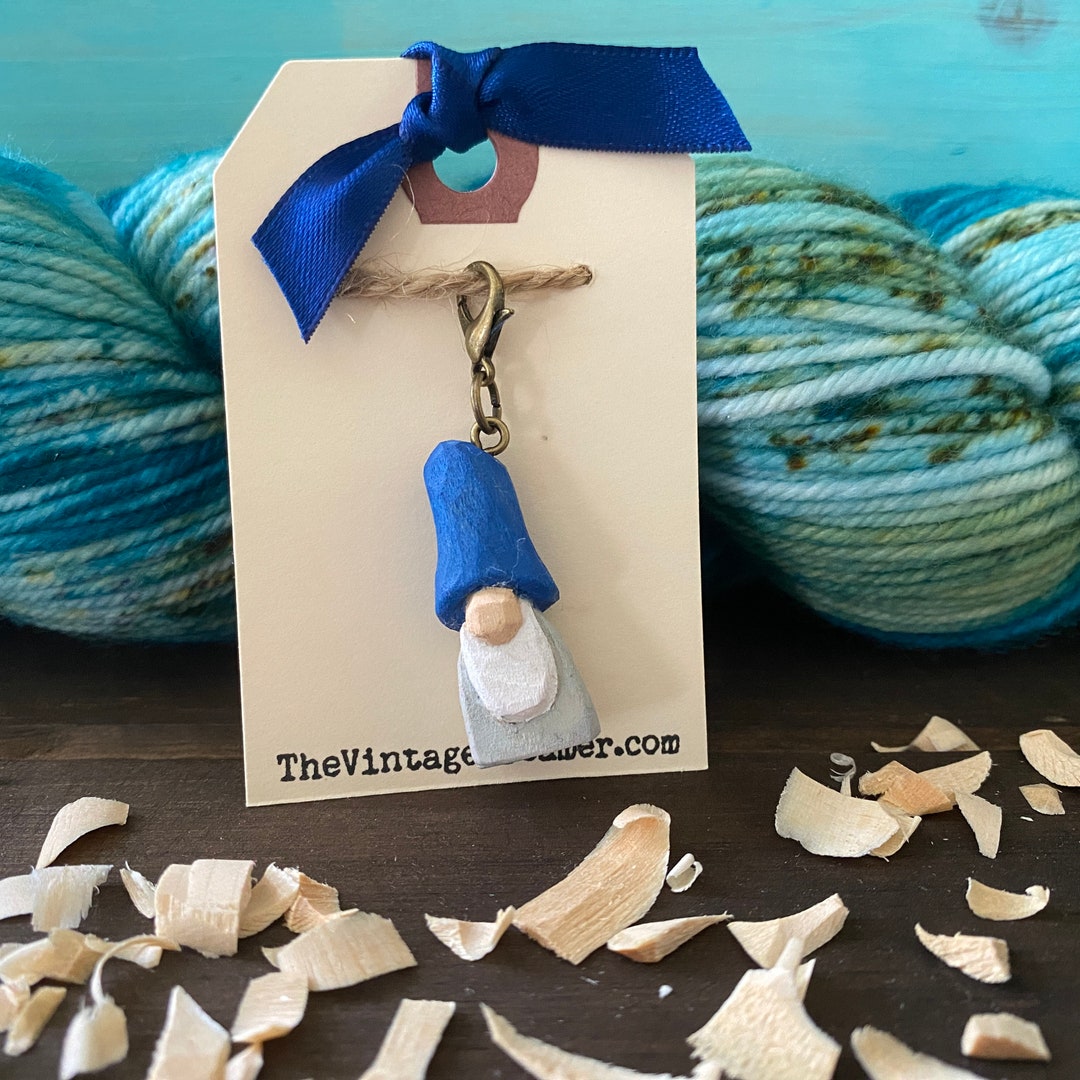 HAND CARVED WOOD Blue Gnome Progress Keeper Charm Knitting Crochet - Etsy