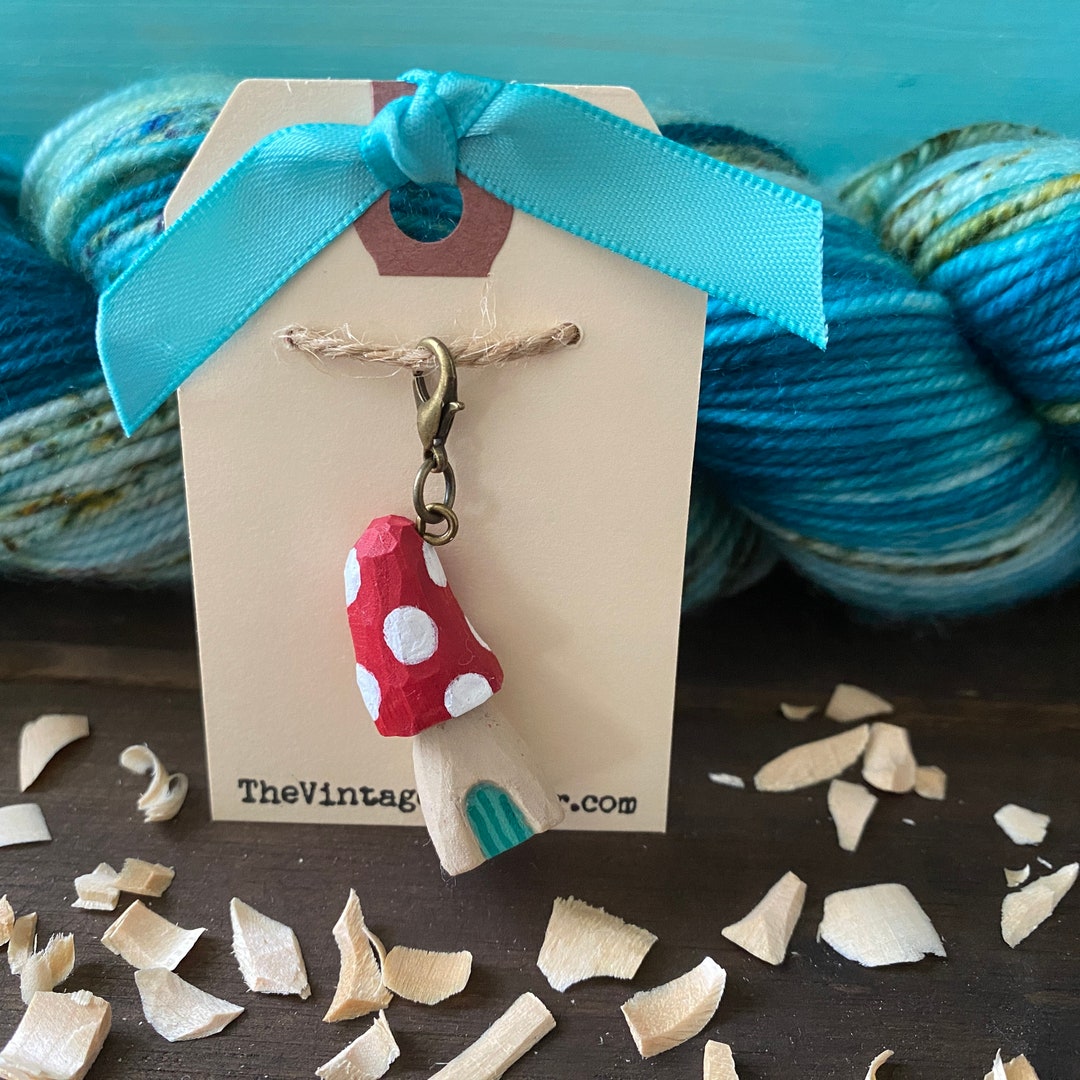 HAND CARVED WOOD Gnome Toadstool House Progress Keeper Charm Knitting ...