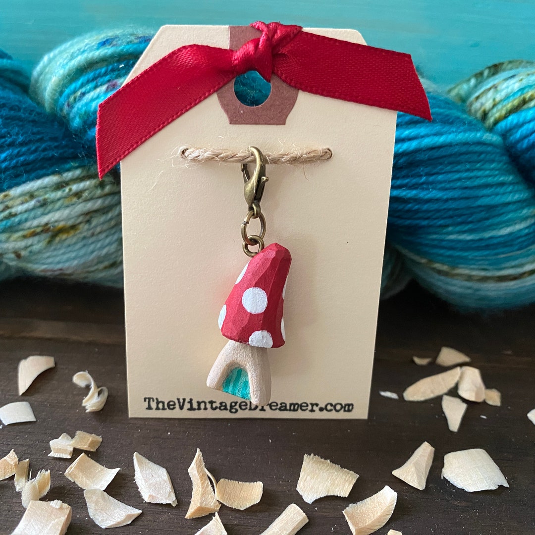 HAND CARVED WOOD Gnome Toadstool House Progress Keeper Charm Knitting ...