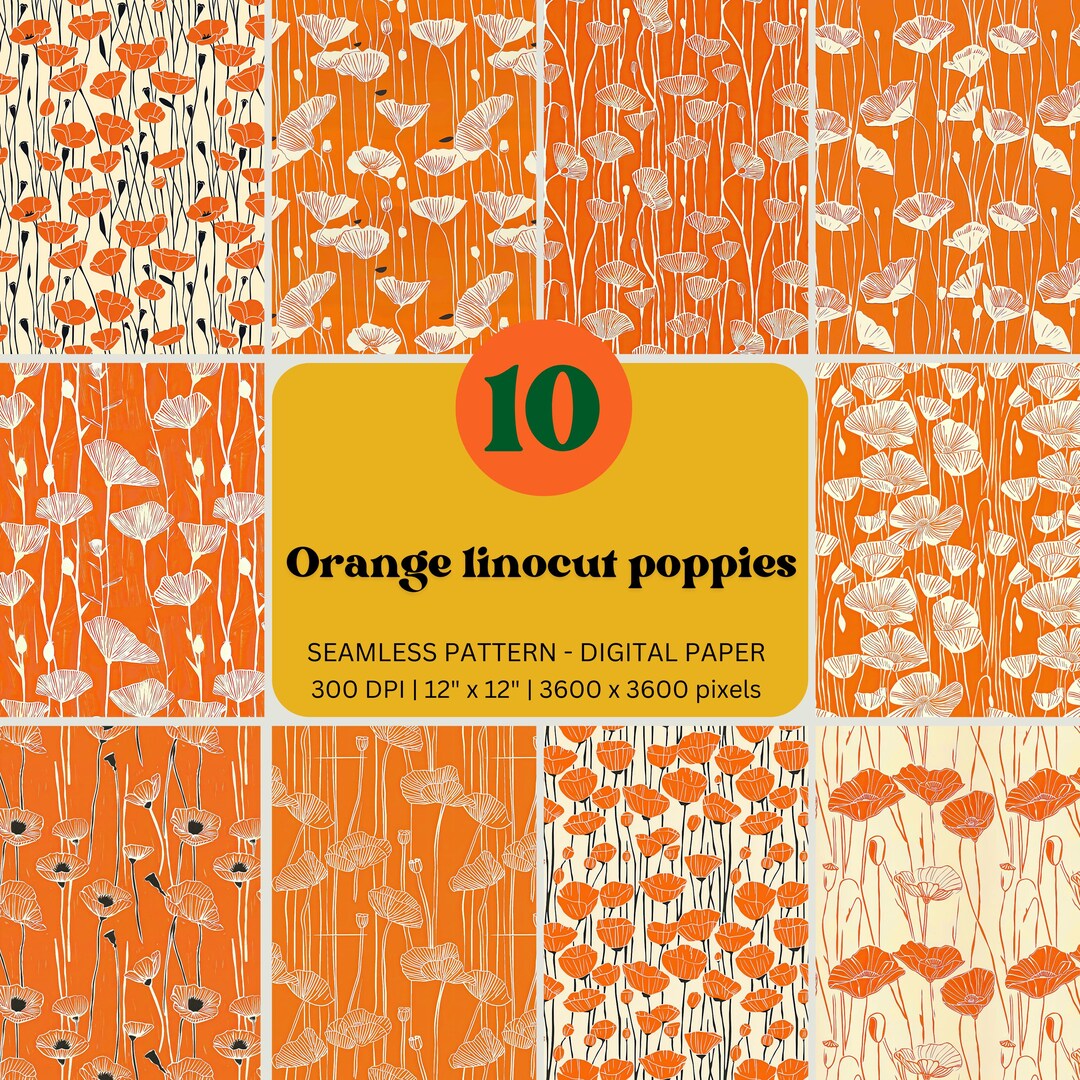 Orange Linocut Poppies Pattern, Digital Papers, Scrapbooking Paper, PNG ...