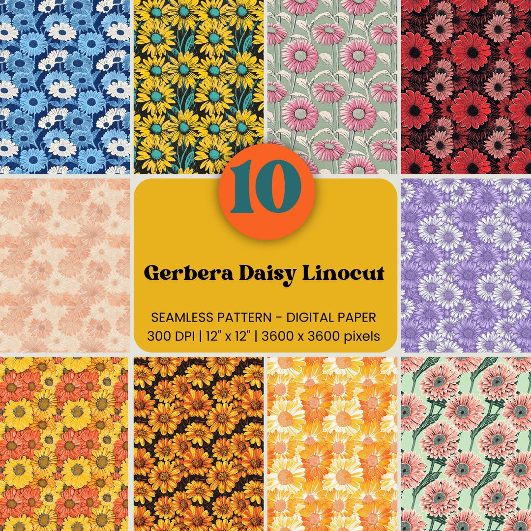 Gerbera Daisy Linocut Seamless Pattern, Vintage Floral Digital Paper ...