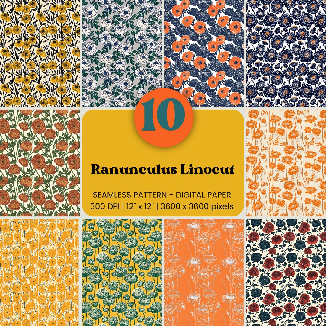 Ranunculus Linocut Seamless Pattern, Vintage Floral Digital Paper ...