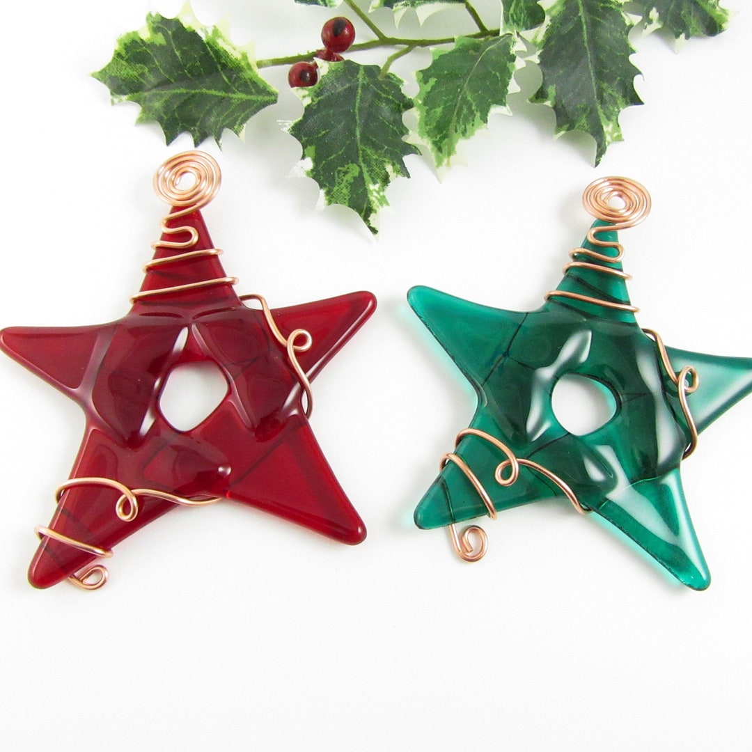 2 Christmas Stars, Red and Green Glass Star Ornament - Two Fused Glass ...