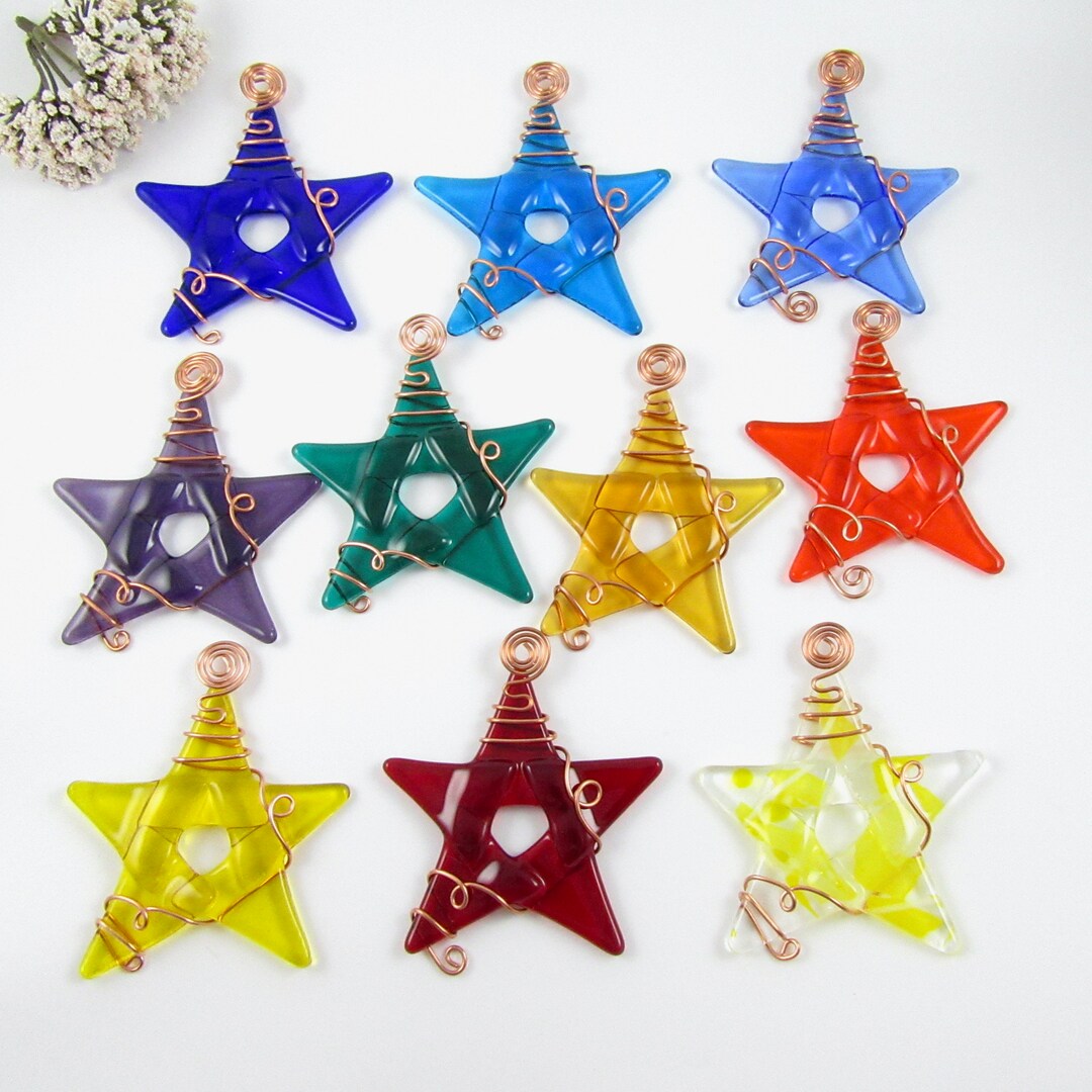 10 Glass Star Suncatchers - Ten Fused Glass Star Ornaments - Colorful ...