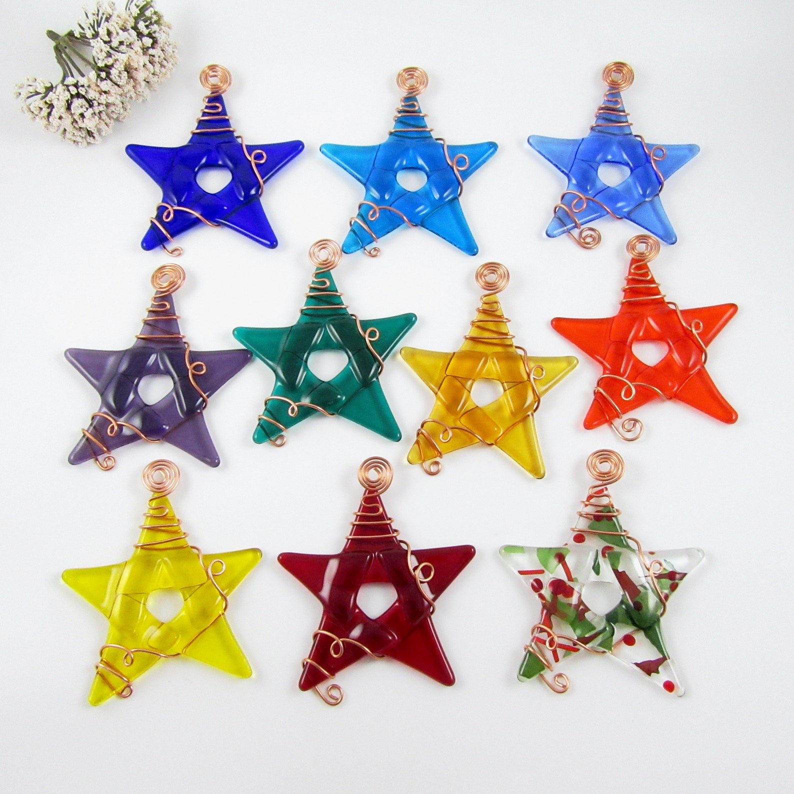 Ten Glass Star Ornaments - Handmade Fused Glass Stars Wrapped With ...