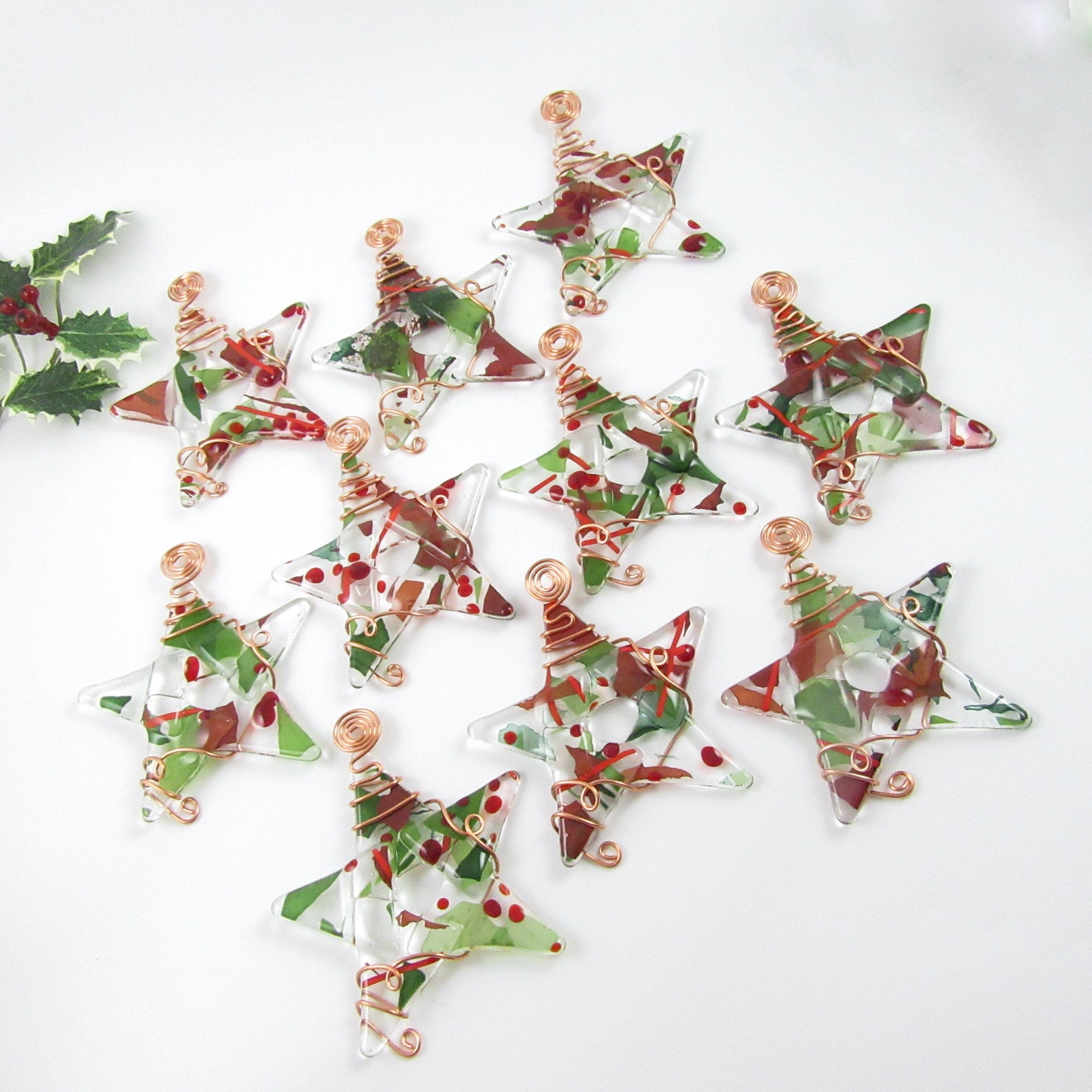Ten Fused Glass Star Christmas Ornaments - Handmade Glass Stars Wrapped ...