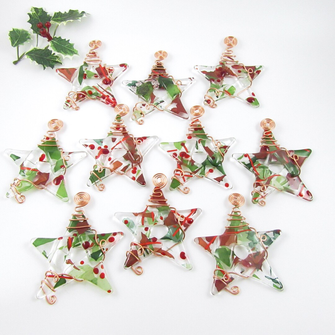 Ten Fused Glass Star Christmas Ornaments - Handmade Glass Stars Wrapped ...