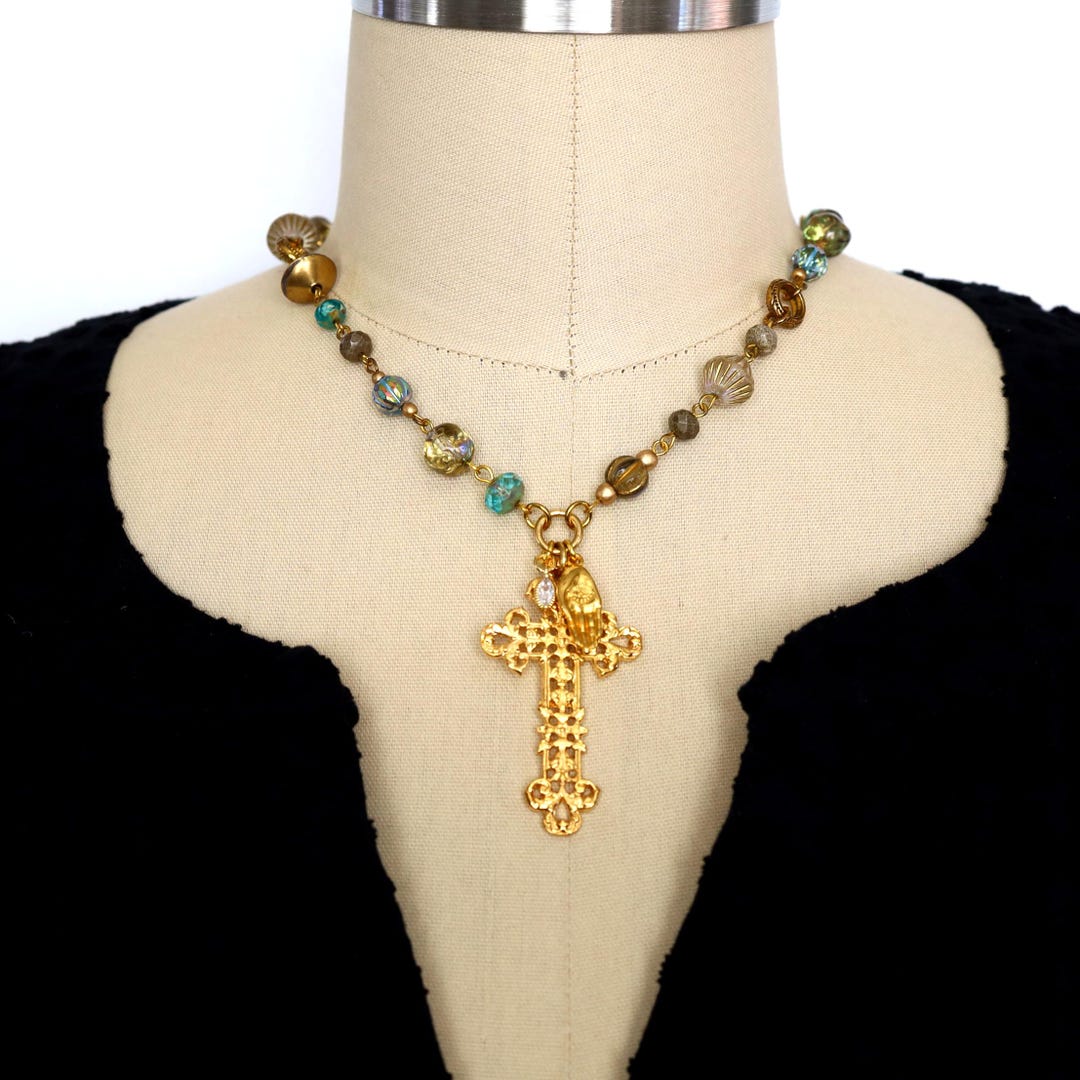 Gold Cross Necklace, Spiritual Catholic Jewelry, Mystic Pieces - Etsy