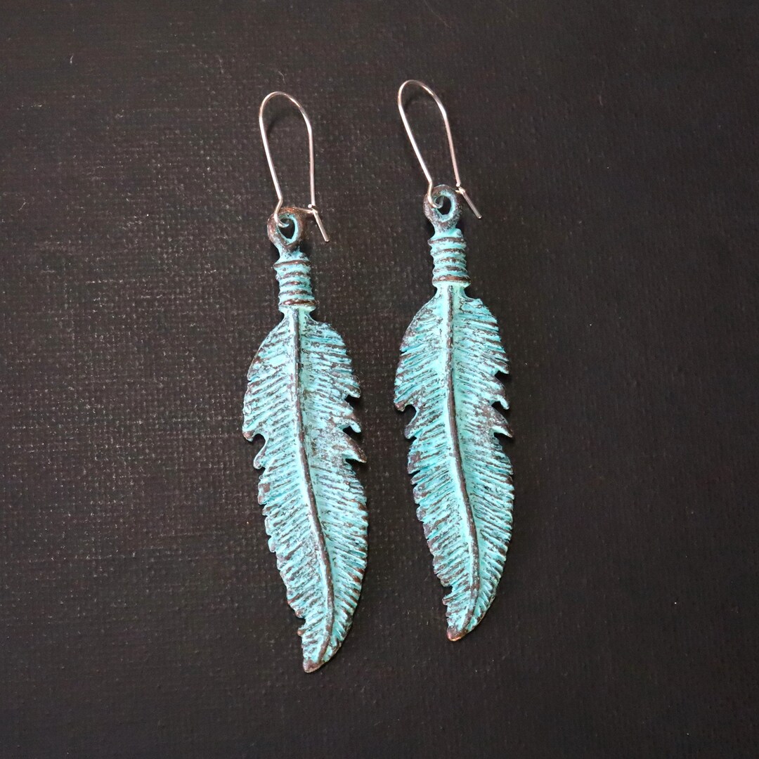Turquoise Feather Earrings, Long Earrings, Feather Jewelry, Turquoise ...