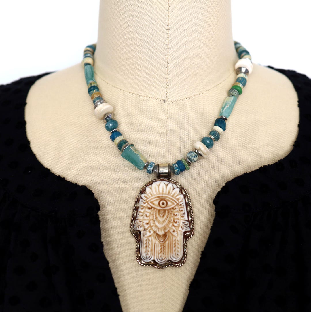 Hamsa Statement Necklace, Old Roman and Excavated African Beads ...