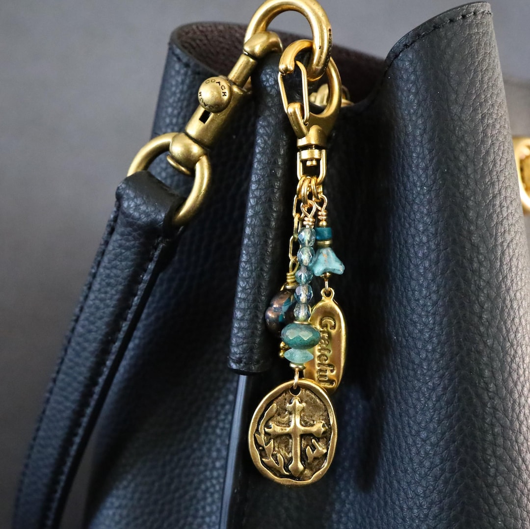 Grateful Spiritual Purse Charms – Teal Czech Glass and Gold Cross ...
