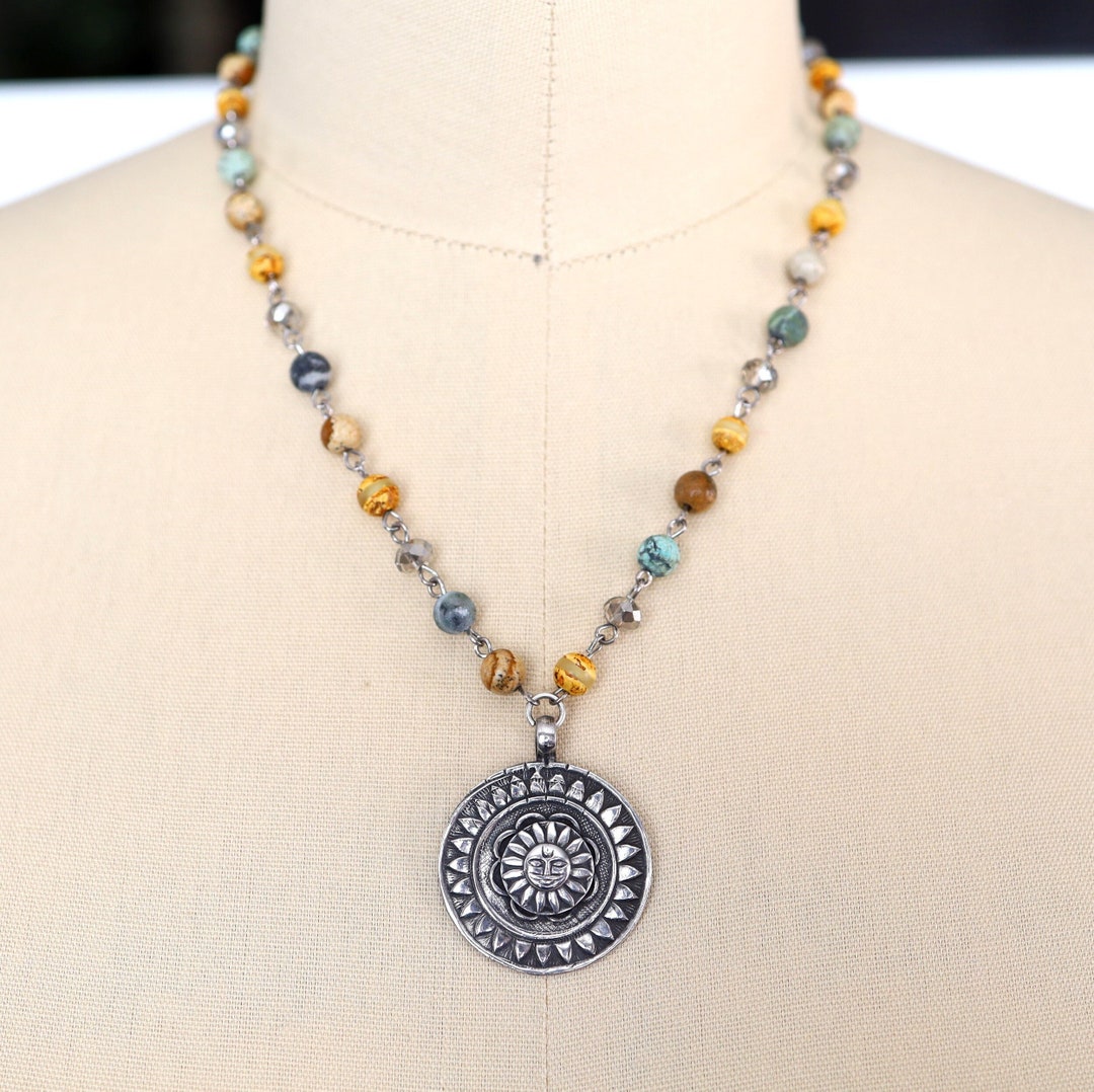 Sun Necklace Beaded Stone Chain, Old Nepal Sterling Charm, One of A ...
