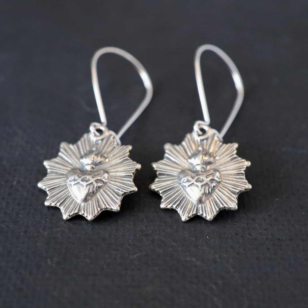Sacred Heart Silver Earrings, Sacred Heart Jewelry, Spiritual Earrings ...