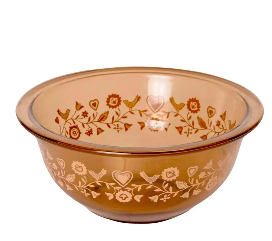 Vintage Pyrex Mixing Bowl 322 Festive Harvest Amber Birds Flower 1988 ...