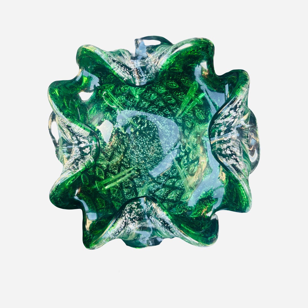 Vintage Murano Bottle Green Curled Glass Bowl Ruffle Edge Decorative ...