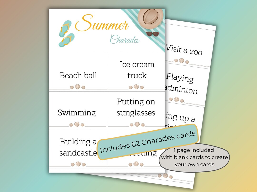 Charades: Summer - 62 Charades Cards - Summer Themed Game ...