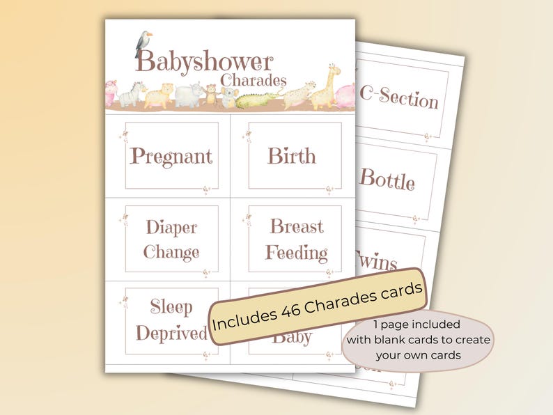 Charades: Baby Shower Safari Themed - Cute Safari Animal Charades Game ...