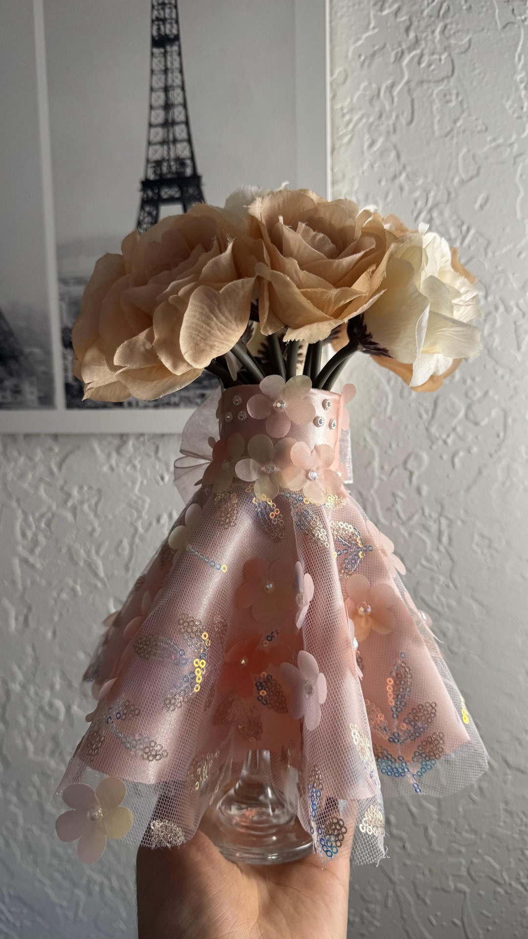 Elegant Pink Floral Vase Dress – Handmade Decorative Cover for Bud ...