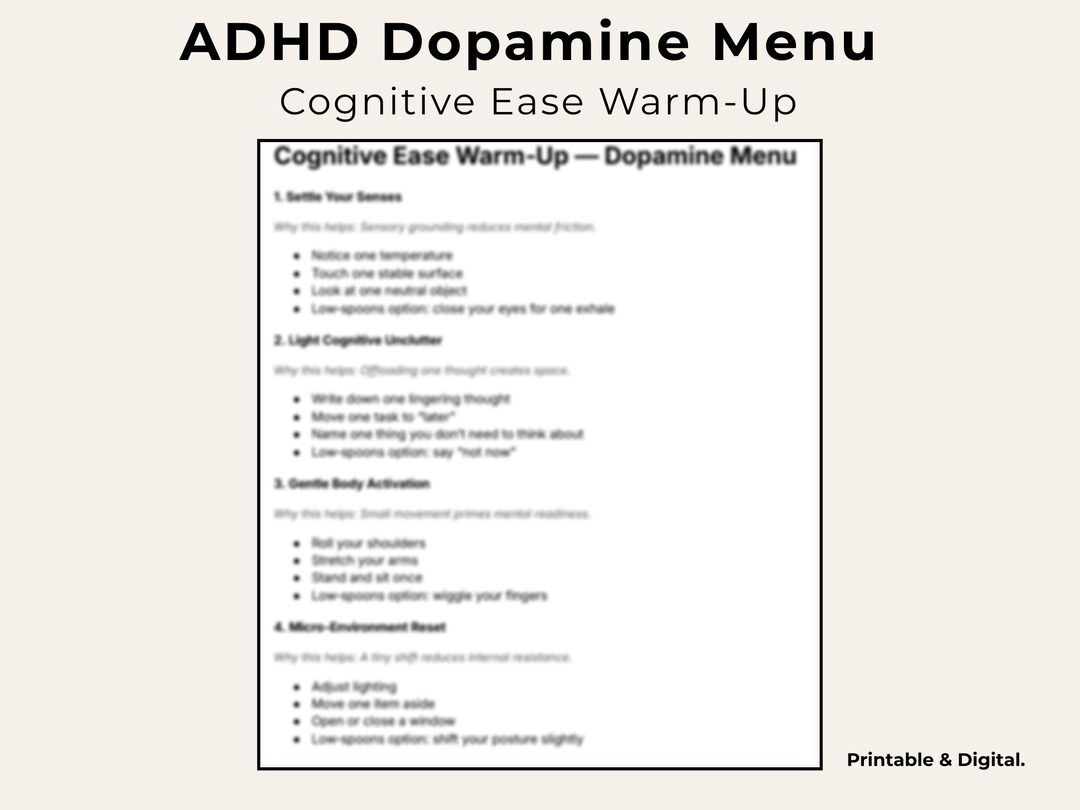 ADHD Dopamine Menu PDF for Adults | Gentle Mental Activation Tool ...