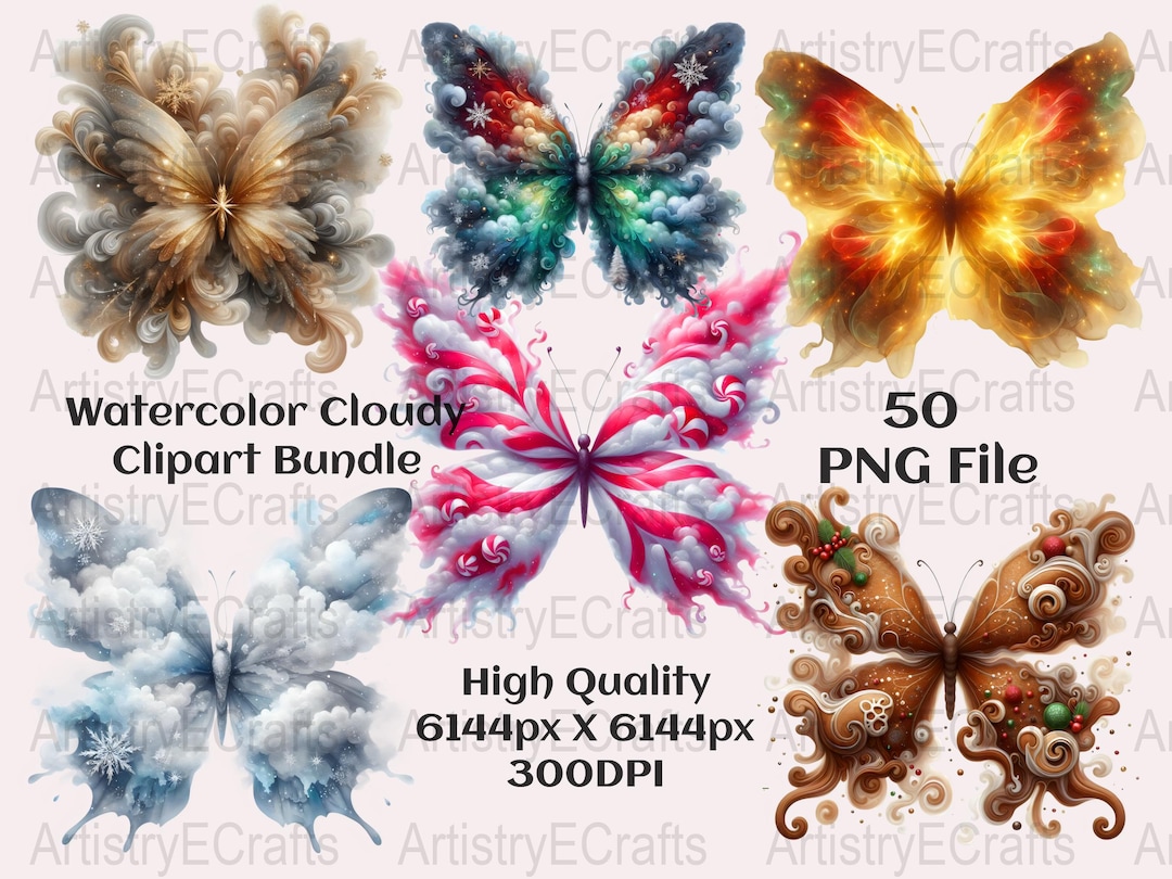 50 Watercolor Butterfly Clipart Bundle, Christmas Cloudy Butterfly ...